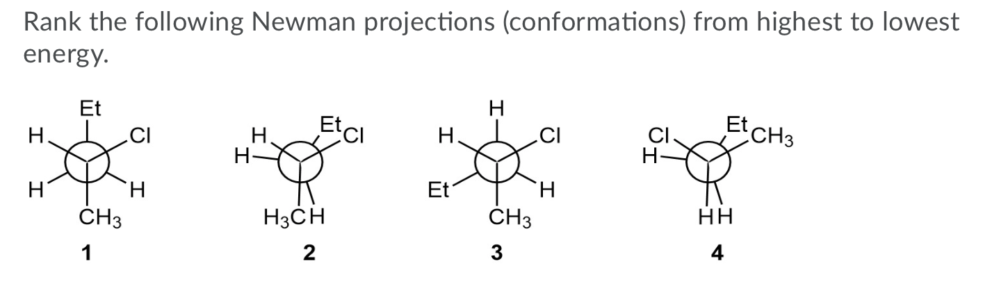 Solved Rank the following Newman projections (conformations) | Chegg.com