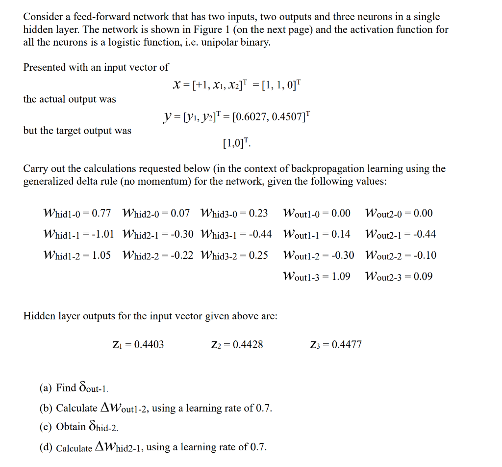 Solved Consider a feed-forward network that has two inputs, | Chegg.com
