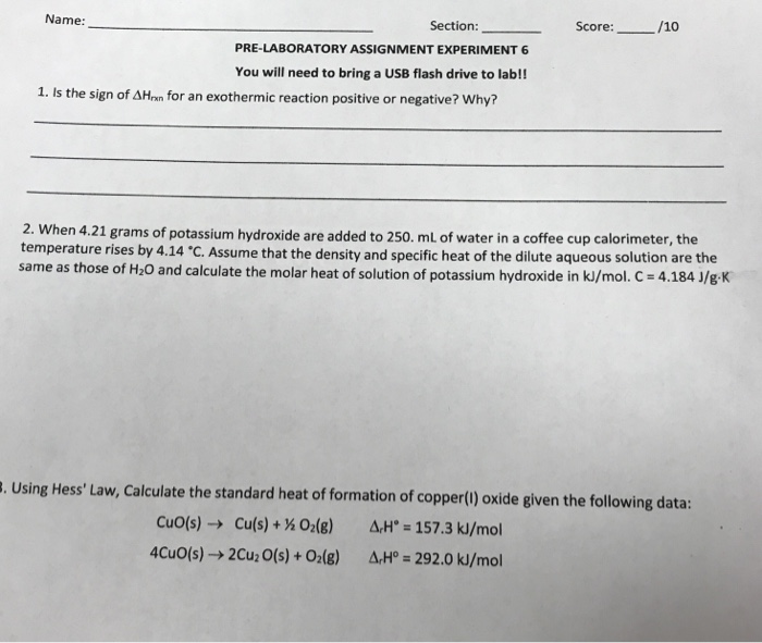 Solved Section: Score: Name: PRE-LABORATORY ASSIGNMENT | Chegg.com