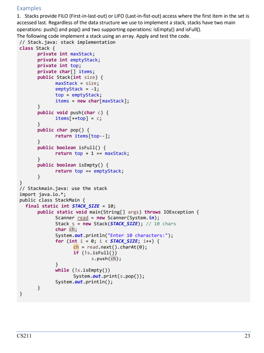 Solved Examples 1. Stacks provide FILO (First-in-last-out) | Chegg.com
