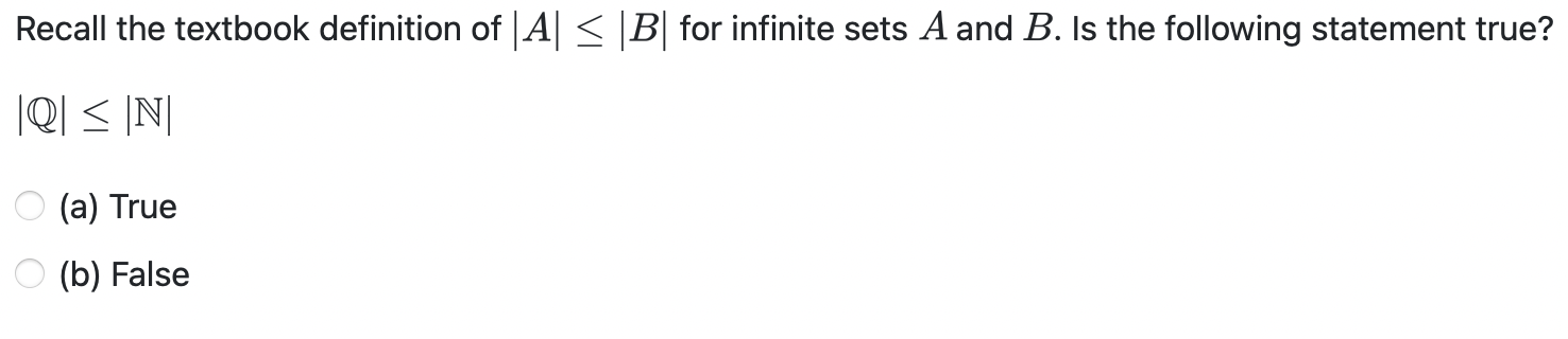 Solved Recall the textbook definition of ∣A∣≤∣B∣ for | Chegg.com
