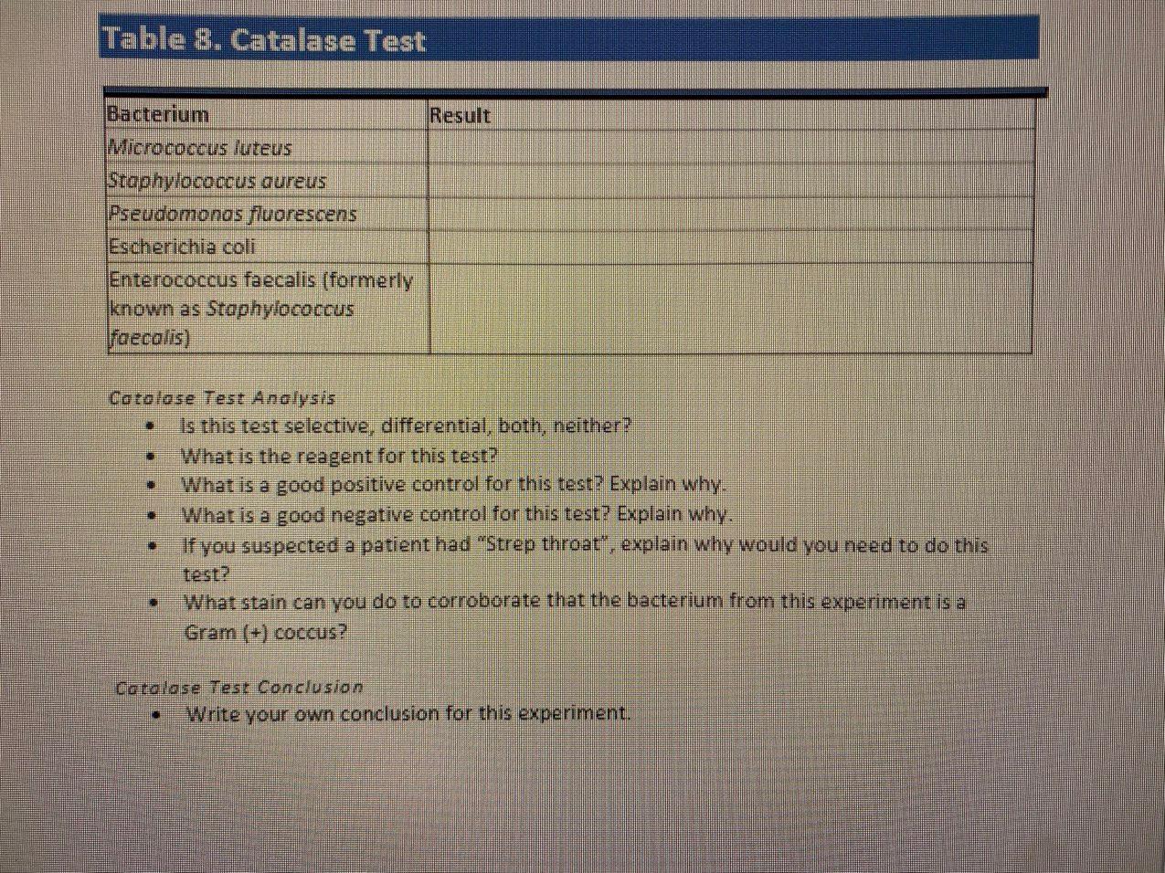 Solved Table 8. Catalase Test Result Bacterium Micrococcus | Chegg.com