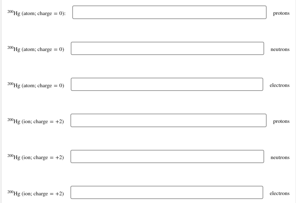 Solved 200 Hg (atom, charge = 0): protons 200Hg (atom; | Chegg.com