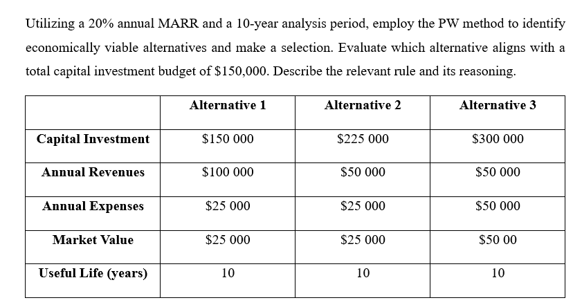 Solved Utilizing a 20% ﻿annual MARR and a 10 -year analysis | Chegg.com