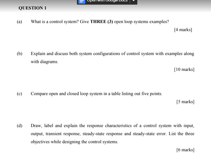 Solved QUESTION 1 (a) What is a control system? Give THREE | Chegg.com