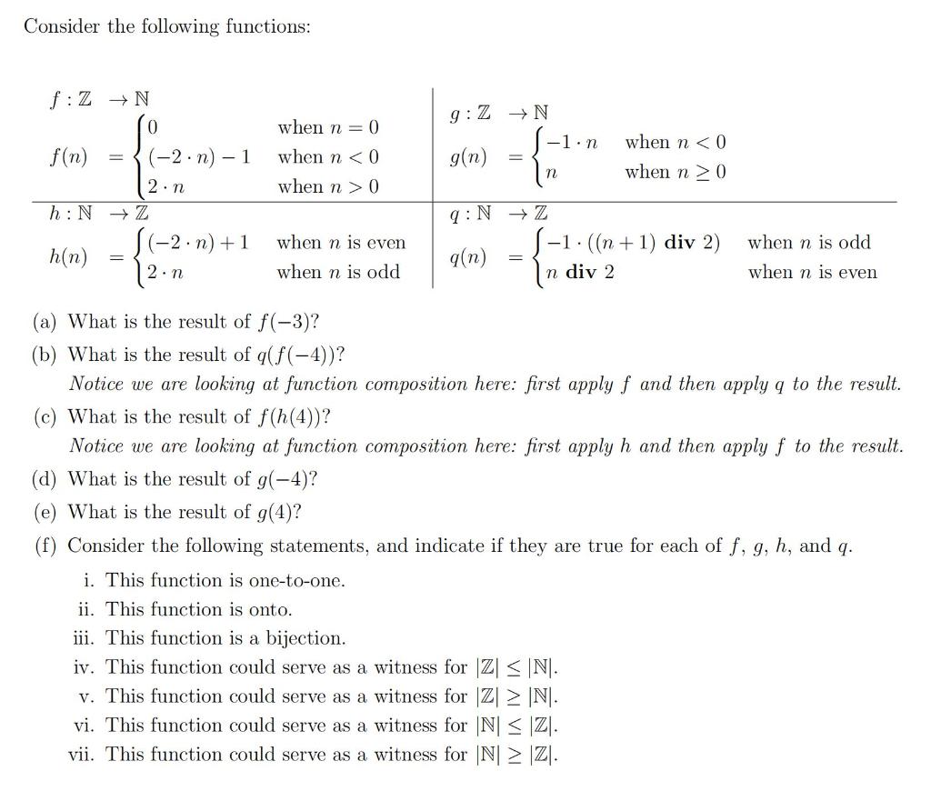 Solved Consider the following functions: f:Z + N 9:Z + N 0 | Chegg.com
