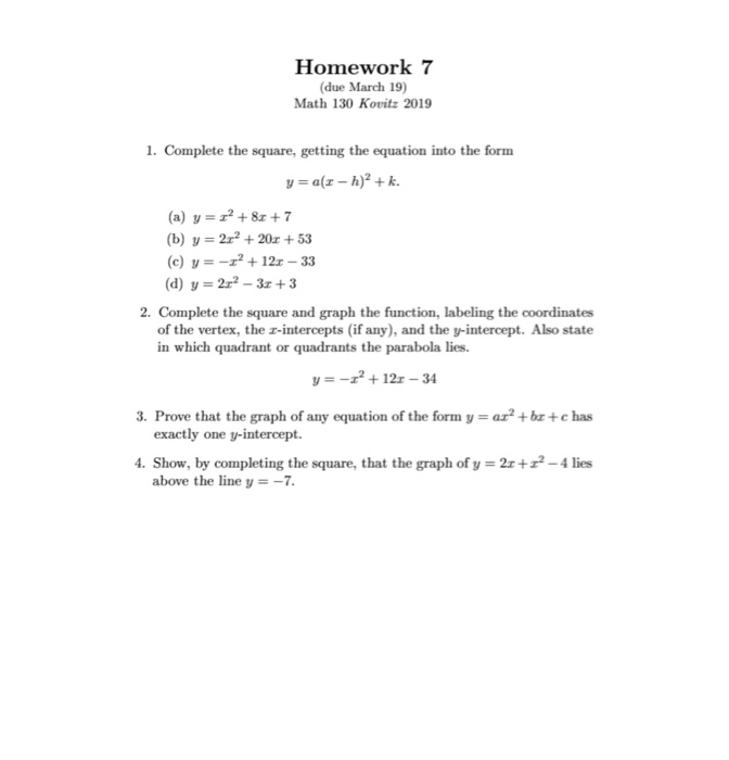 Solved Homework 7 (due March 19) Math 130 Kovitz 2019 1. | Chegg.com