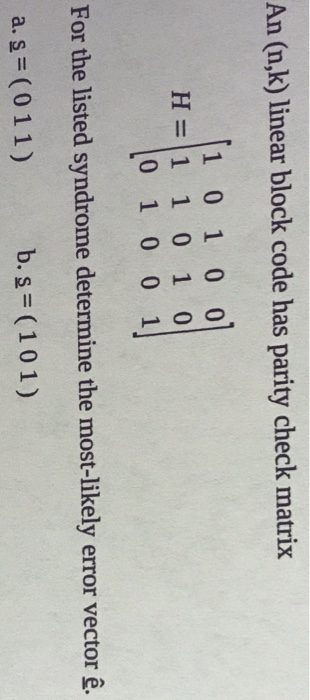 Solved An (n,k) linear block code has parity check matrix H | Chegg.com