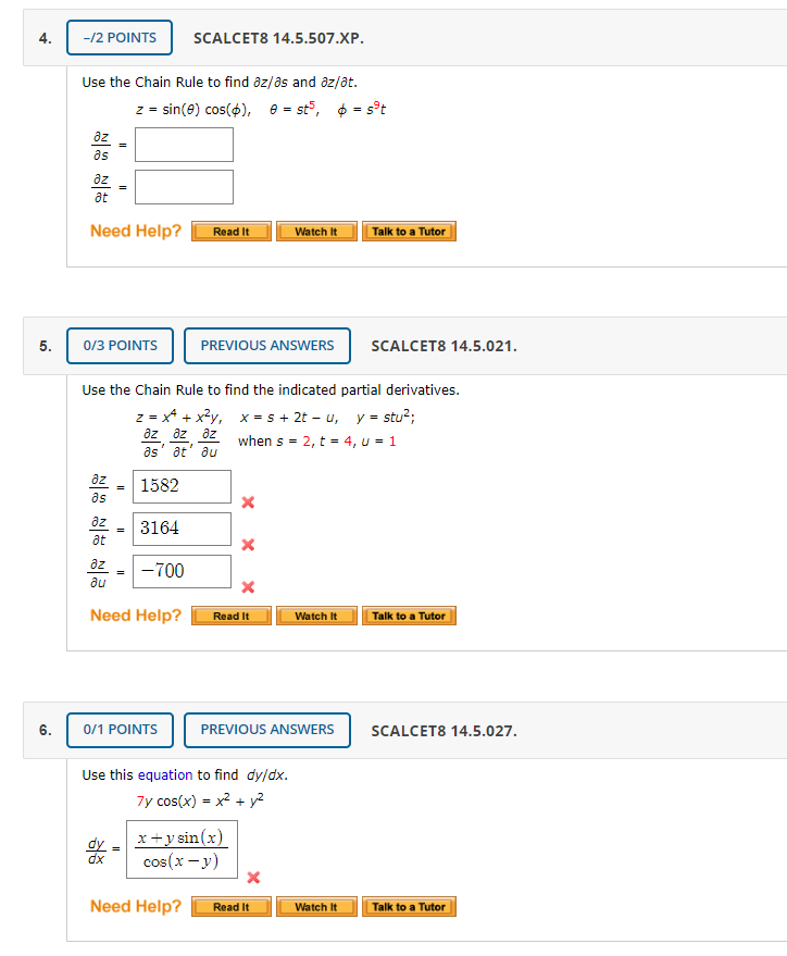 Solved -/2 POINTS SCALCET8 14.5.507.XP. Use the Chain Rule | Chegg.com