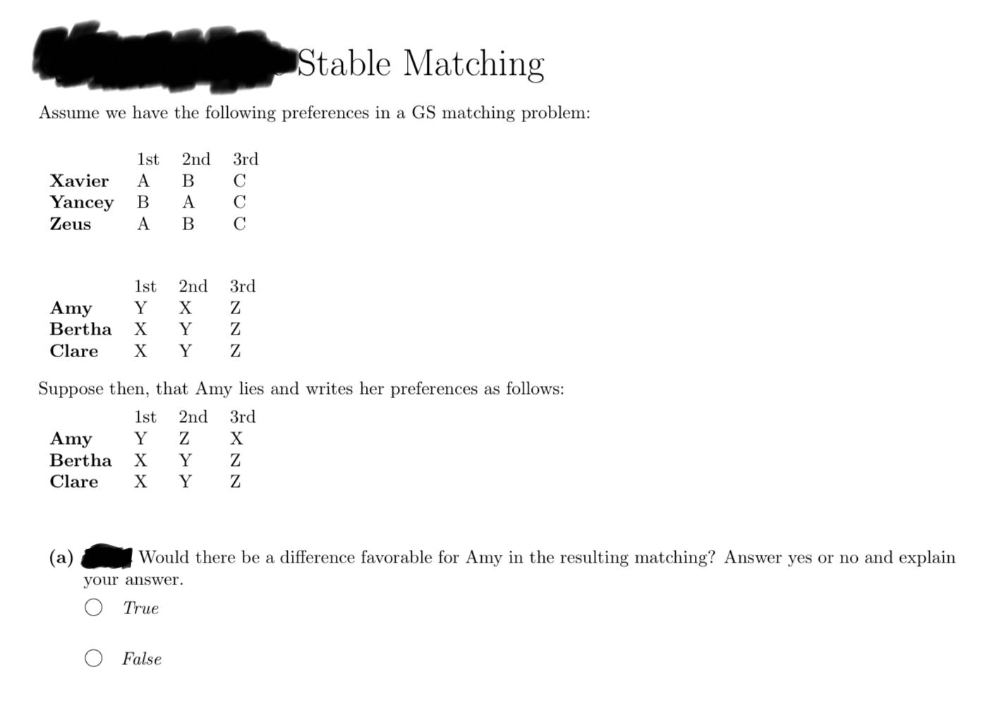 Solved Stable Matching Assume we have the following | Chegg.com