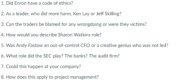 Solved 1. Did Enron have a code of ethics? 2. As a leader, | Chegg.com