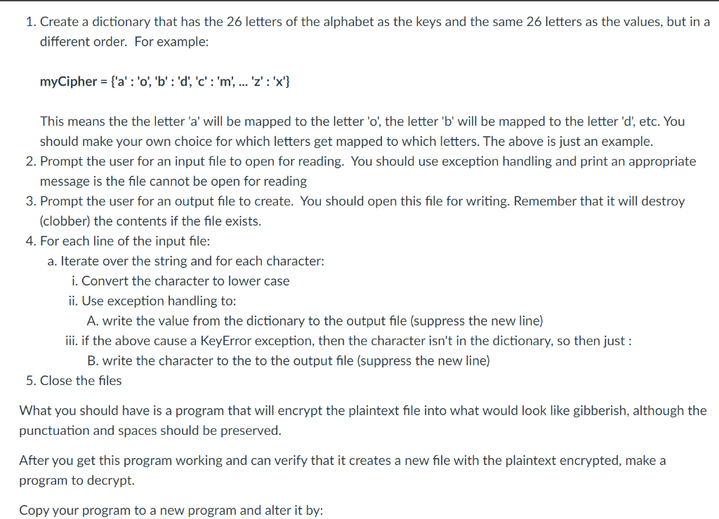 Solved 1. Create a dictionary that has the 26 letters of the | Chegg.com