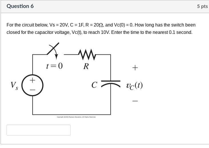 Solved For the circuit below, Vs=20 V,C=1 F,R=20Ω, and | Chegg.com