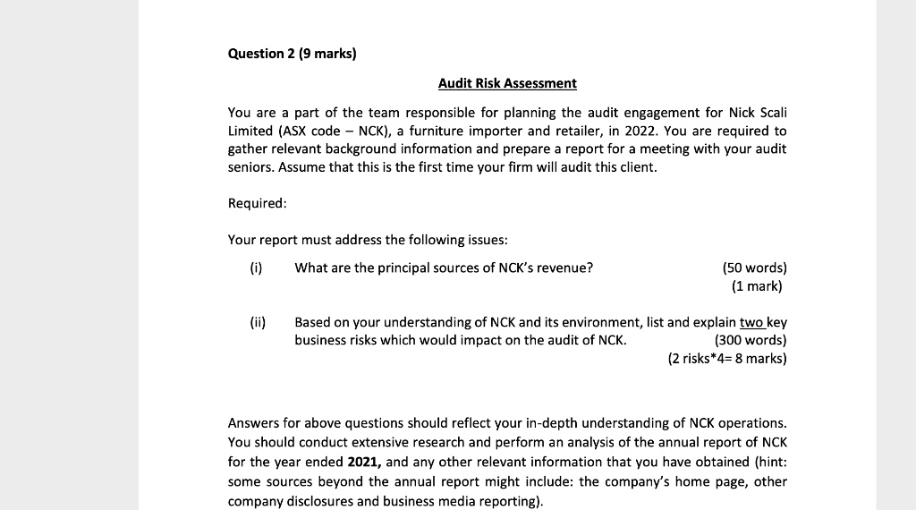 Solved Audit Risk Assessment You are a part of the team | Chegg.com