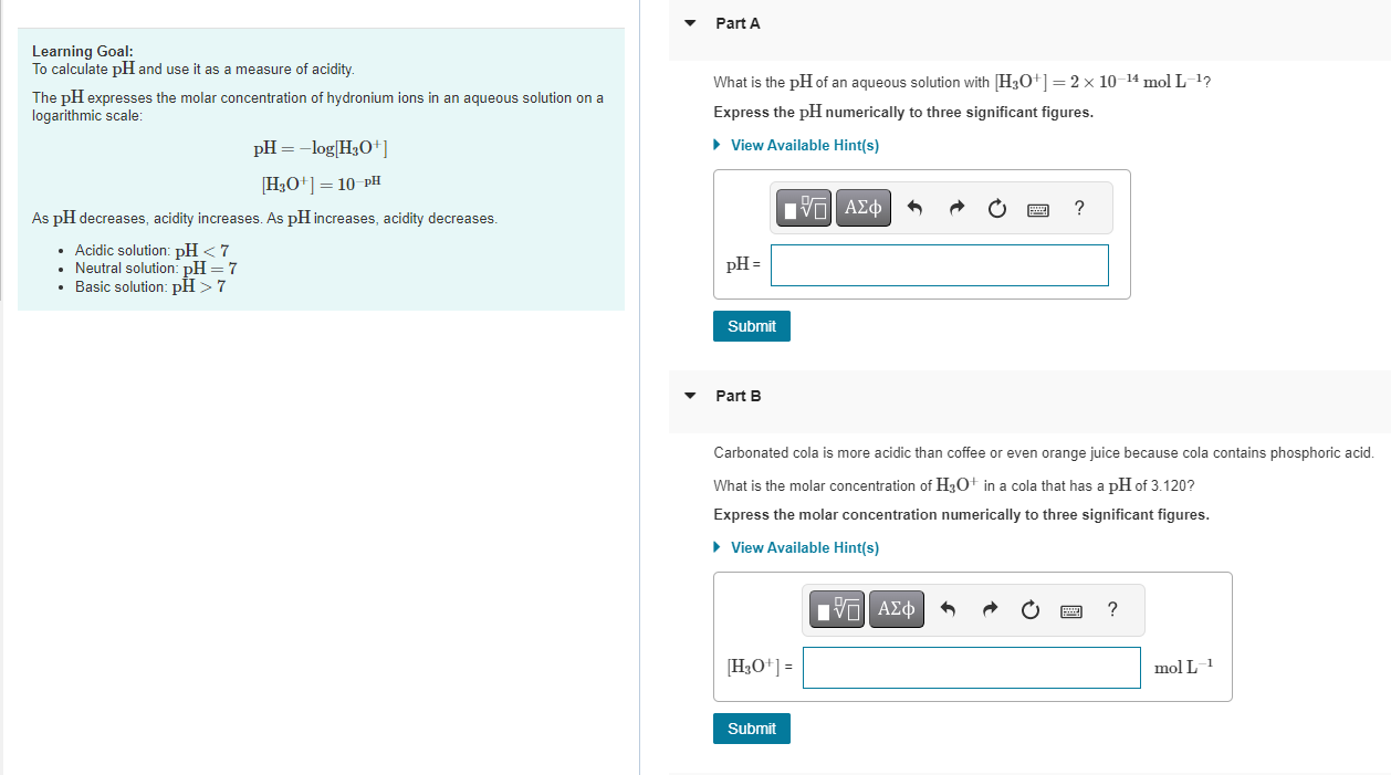 Solved Learning Goal: To calculate pH and use it as a | Chegg.com