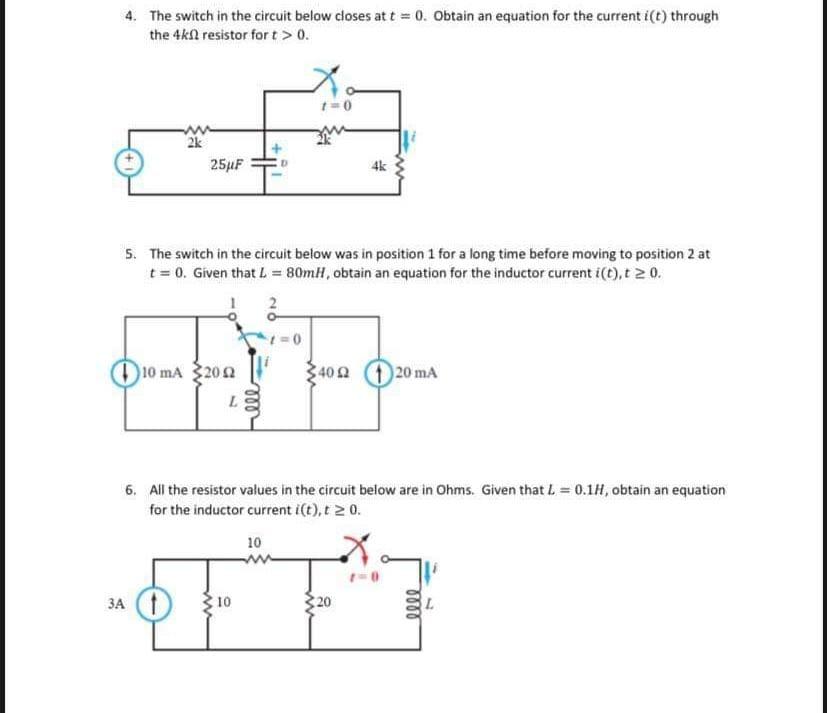 4. The switch in the circuit below closes at t=0. | Chegg.com