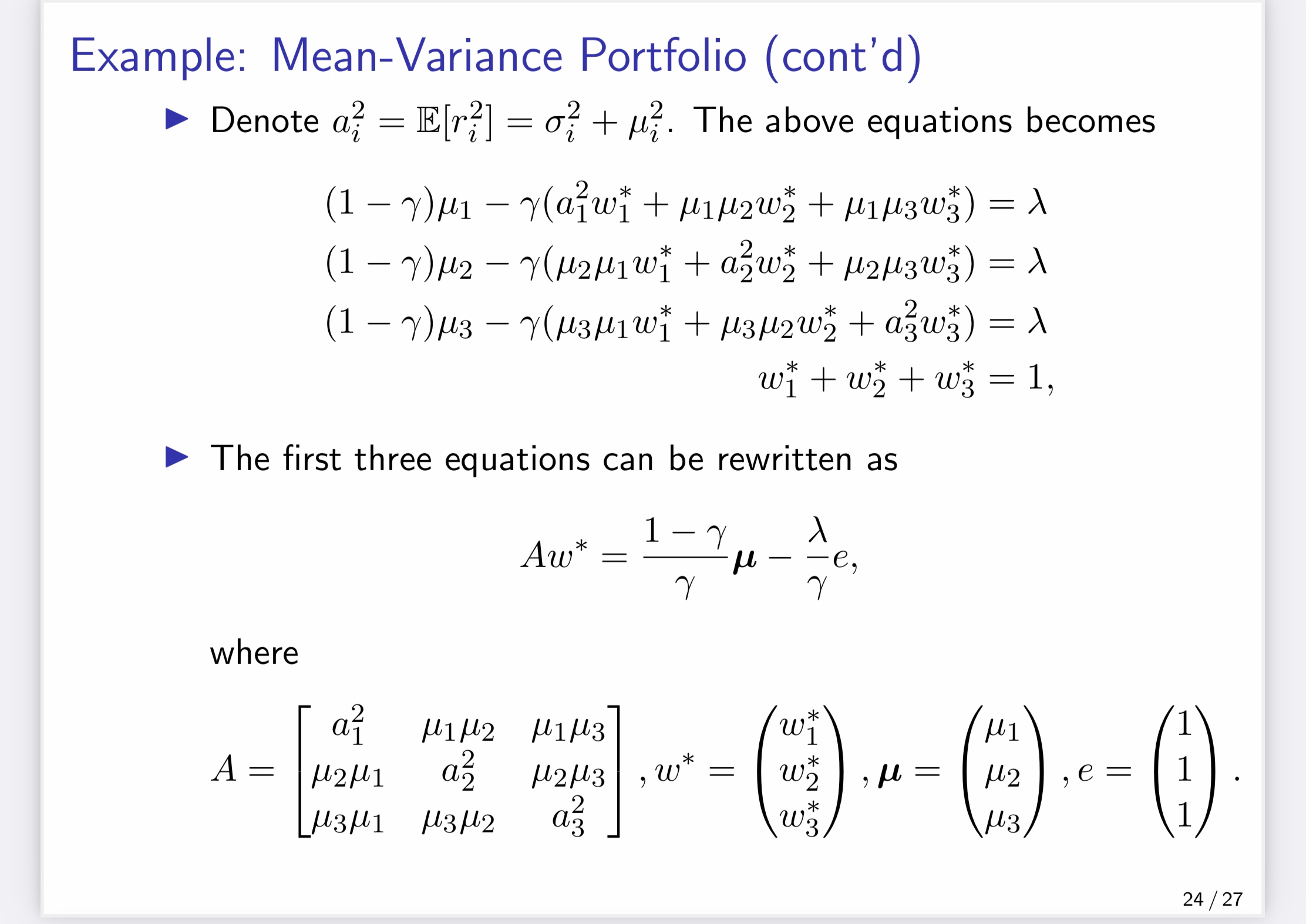 Example: Mean-Variance Portfolio (cont'd) Therefore, | Chegg.com