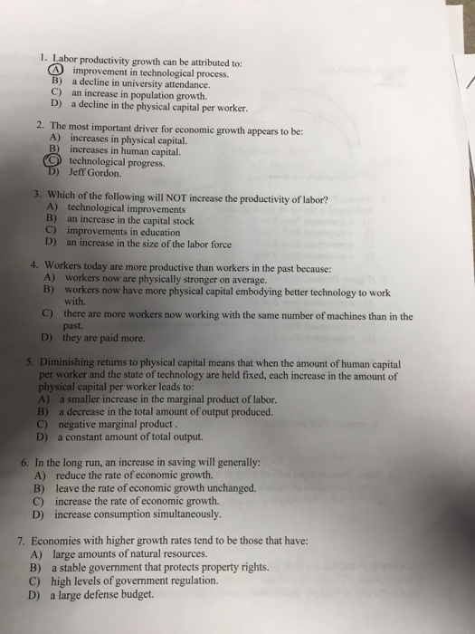 Solved 1 Labor Productivity Growth Can Be Attributed To A Chegg