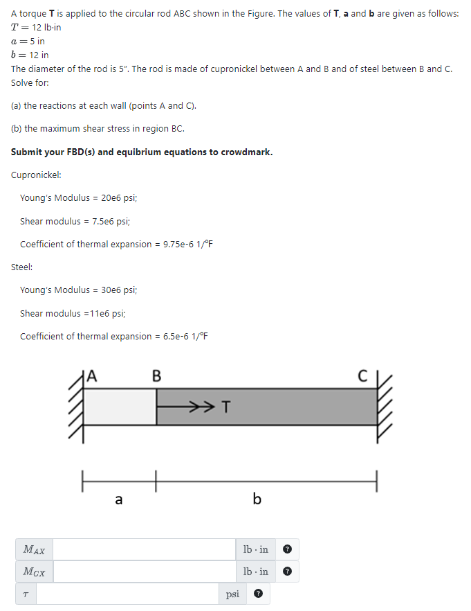 Solved A torque T is applied to the circular rod ABC shown | Chegg.com