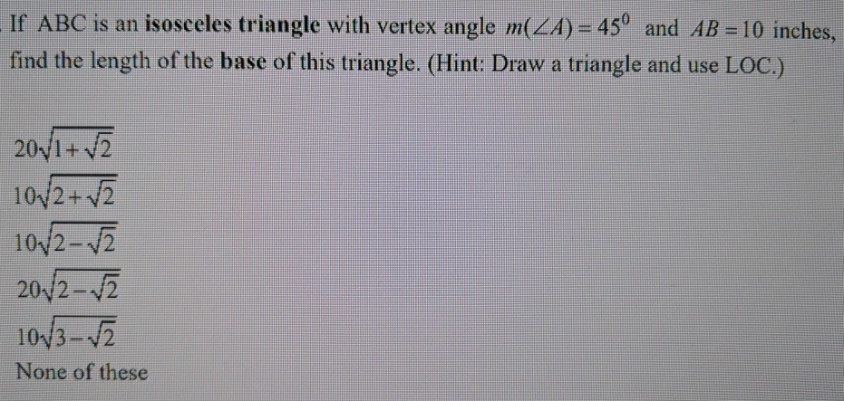 Solved If ABC is an isosceles triangle with vertex angle | Chegg.com