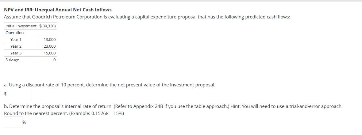 Solved NPV and IRR: Unequal Annual Net Cash Inflows Assume | Chegg.com