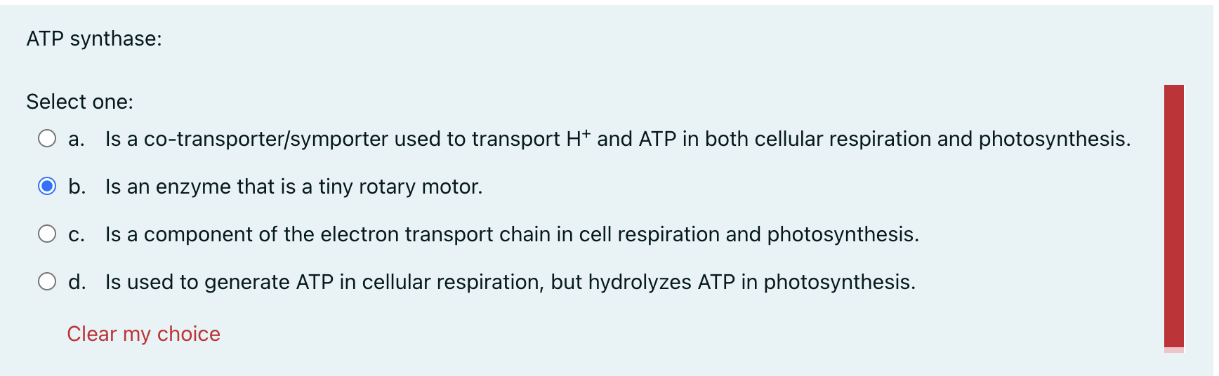 Solved ATP synthase: Select one: a. Is a | Chegg.com