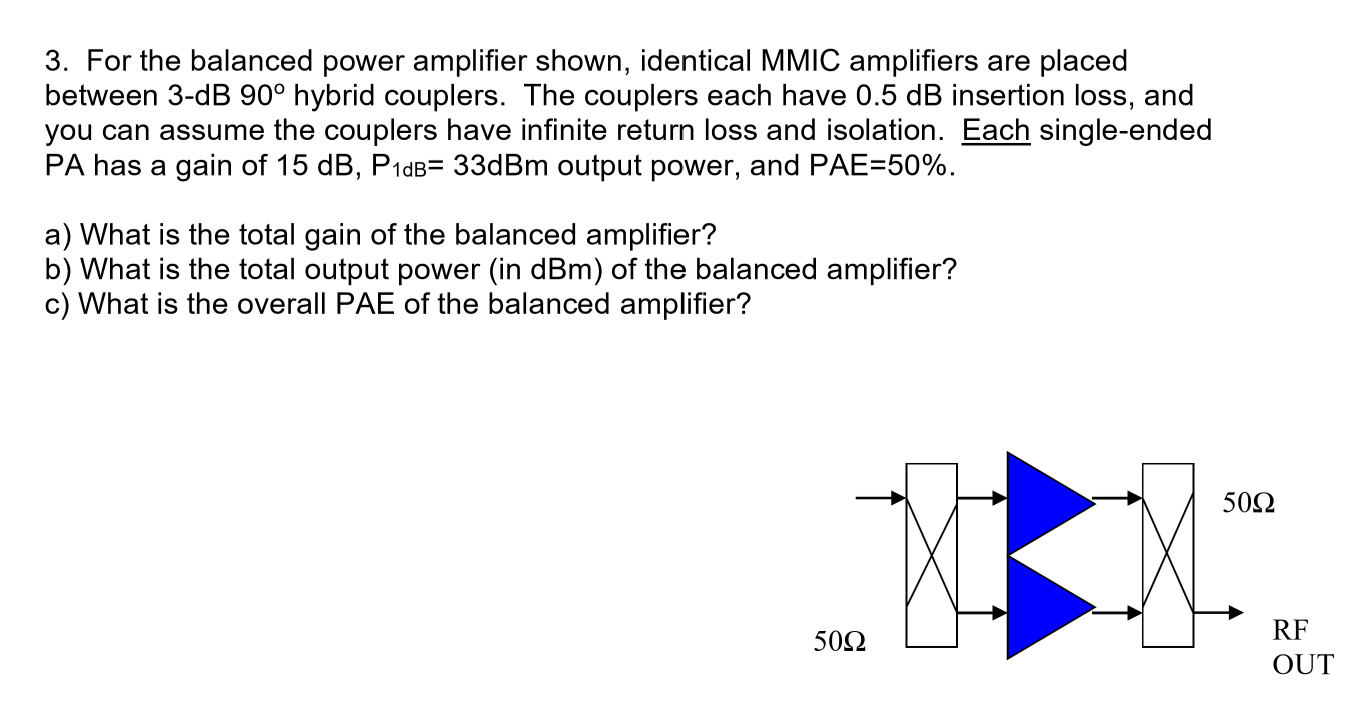 Solved 3. For the balanced power amplifier shown, identical | Chegg.com