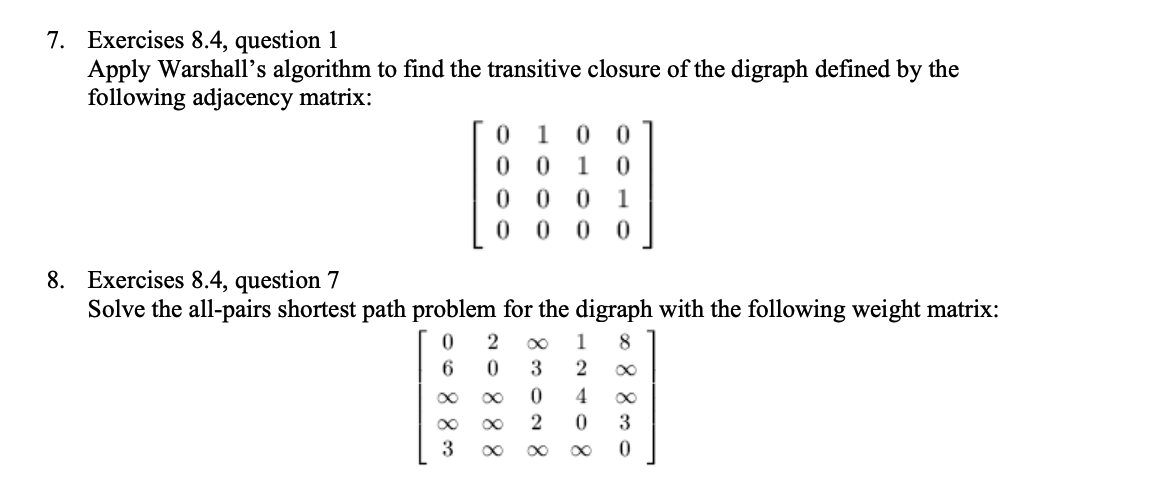 Solved Exercises 8.4, question 1 Apply Warshall's algorithm | Chegg.com