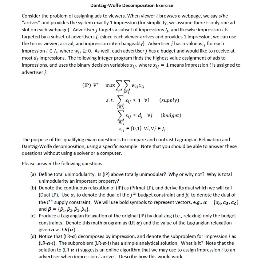 Dantzig-Wolfe Decomposition Exercise Consider the | Chegg.com