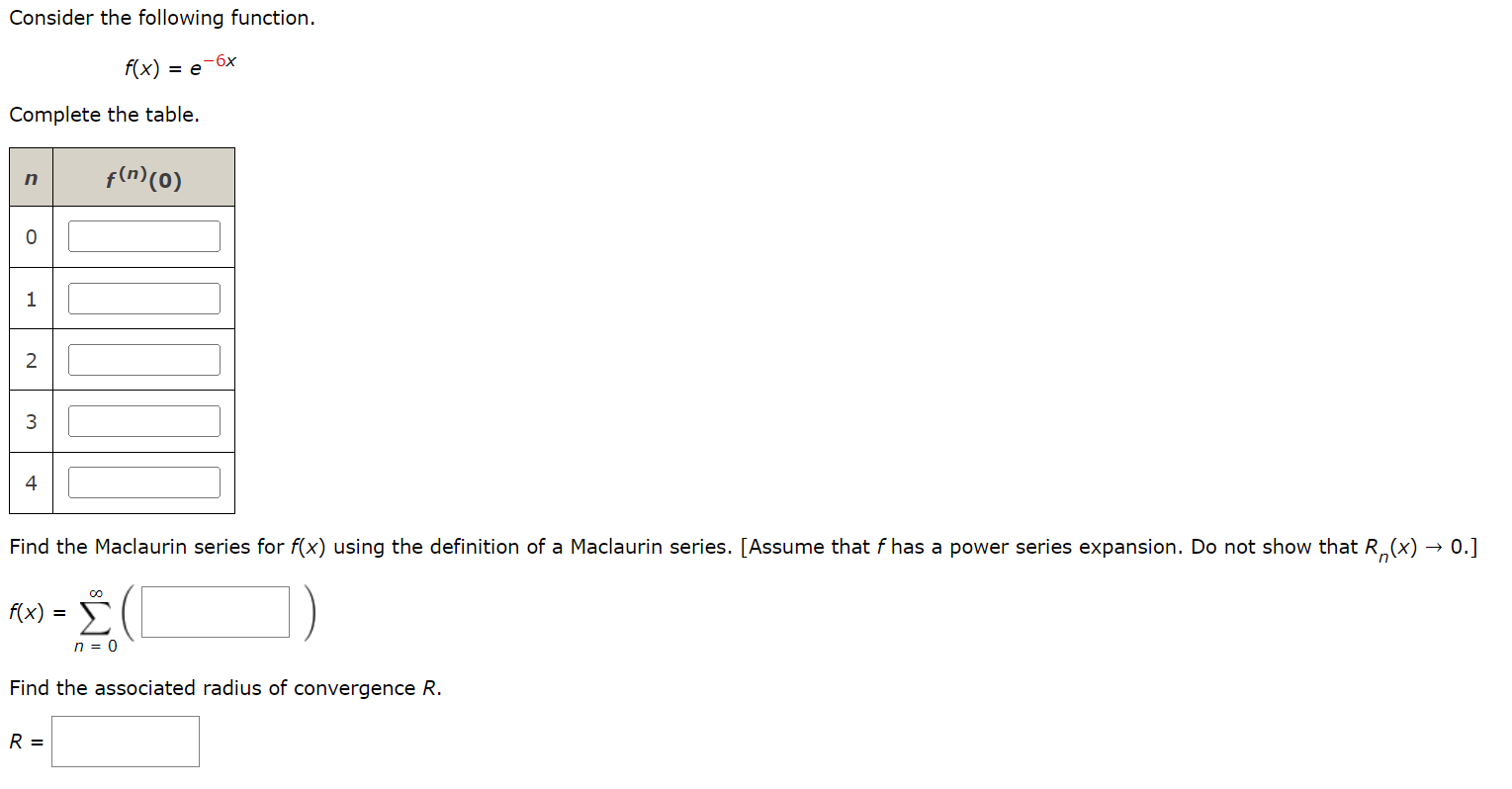 Solved Consider the following function. f(x)=e−6x Complete | Chegg.com