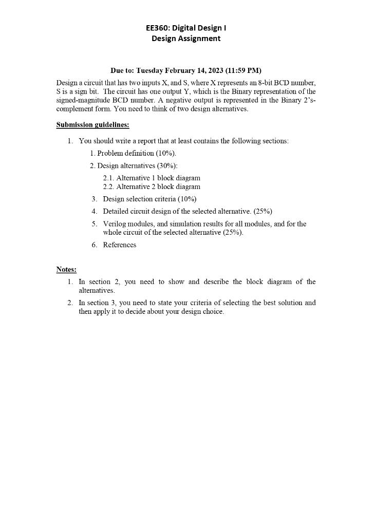 Solved EE360: Digital Design I Design Assignment Due to: | Chegg.com