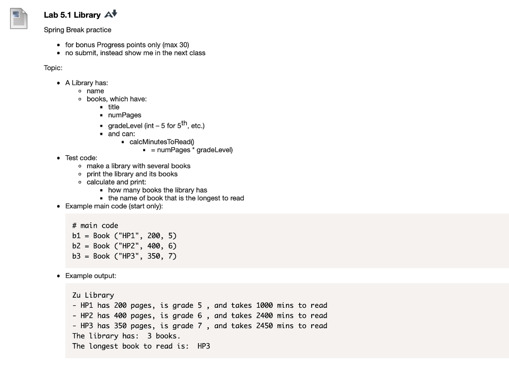 Solved Lab 5.1 Library A Spring Break practice • for bonus | Chegg.com