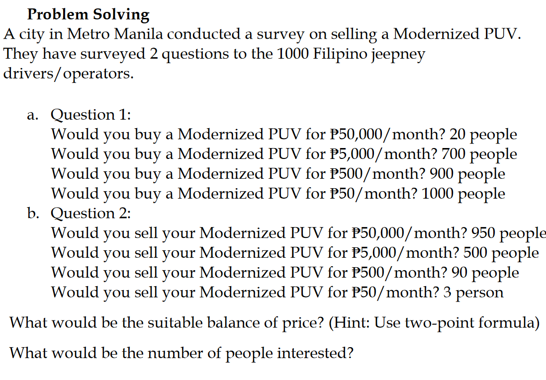Solved Problem Solving A city in Metro Manila conducted a | Chegg.com