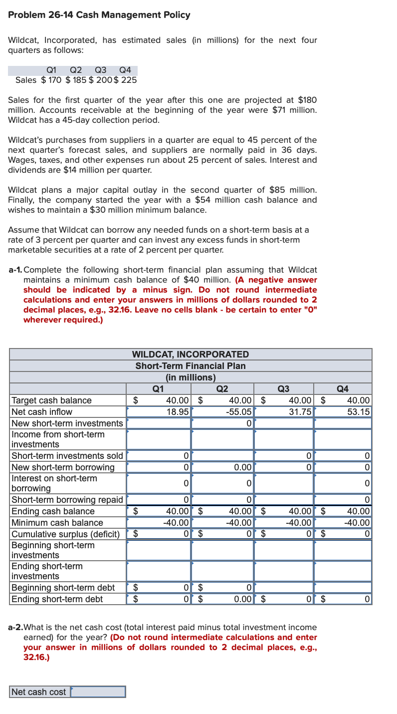 Solved Problem 26-14 Cash Management Policy Wildcat, | Chegg.com