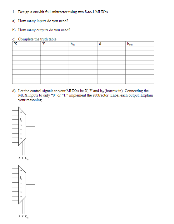 Solved 1. Design a one-bit full subtractor using two 8-to-1 | Chegg.com