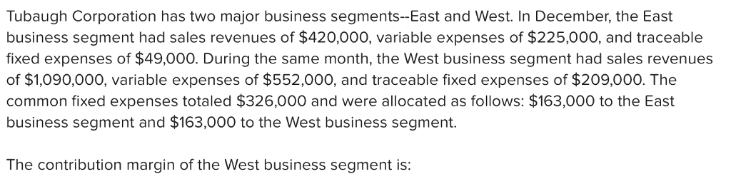 Solved Tubaugh Corporation has two major business | Chegg.com