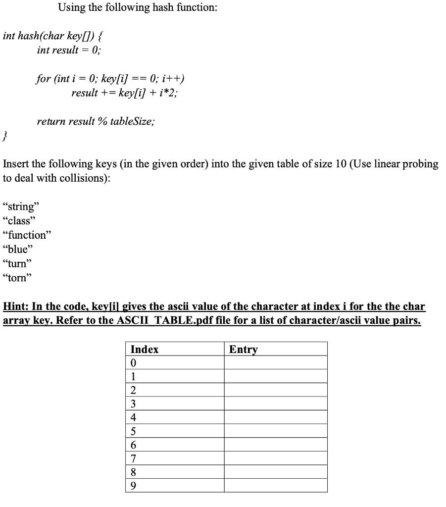 Solved Using the following hash function: int hash(char | Chegg.com