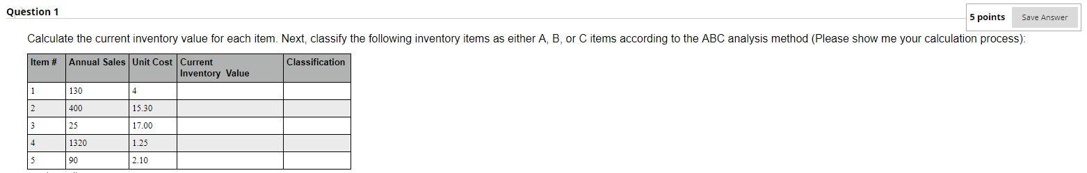 Solved Question 1 \begin{tabular}{|l|l|l|l|l|} \hline Item | Chegg.com