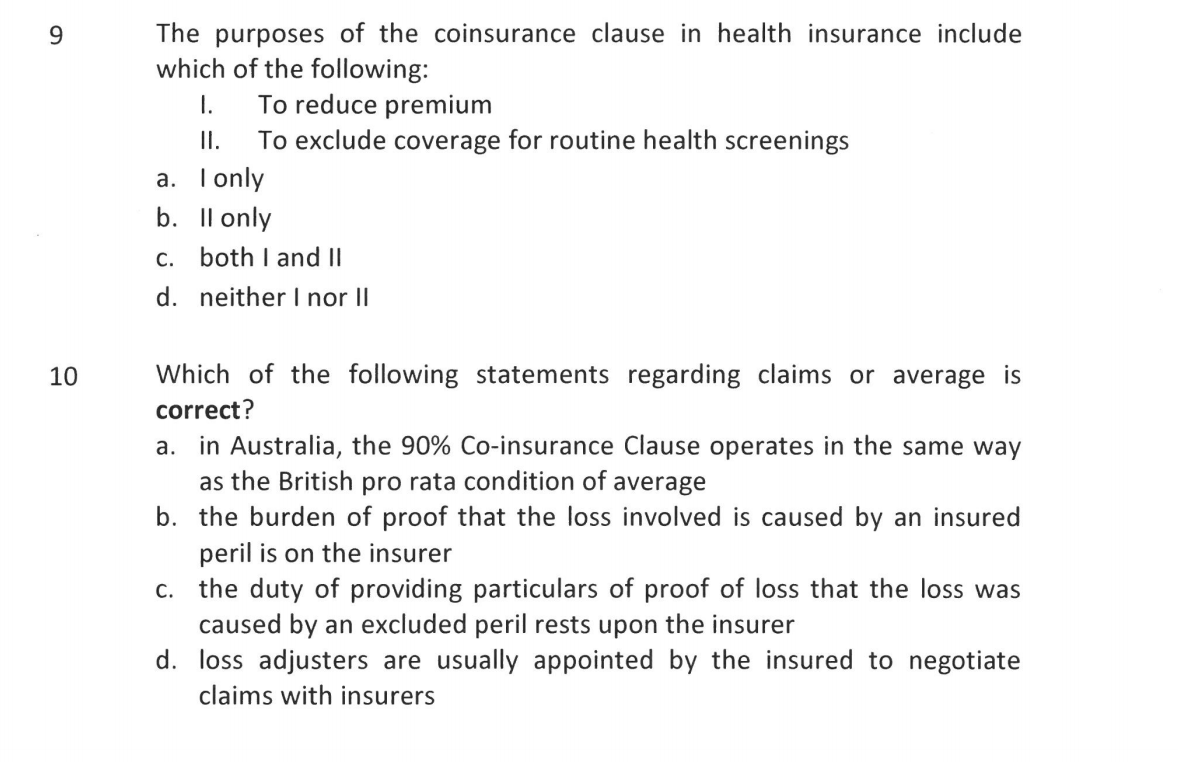 Solved 9 The purposes of the coinsurance clause in health | Chegg.com