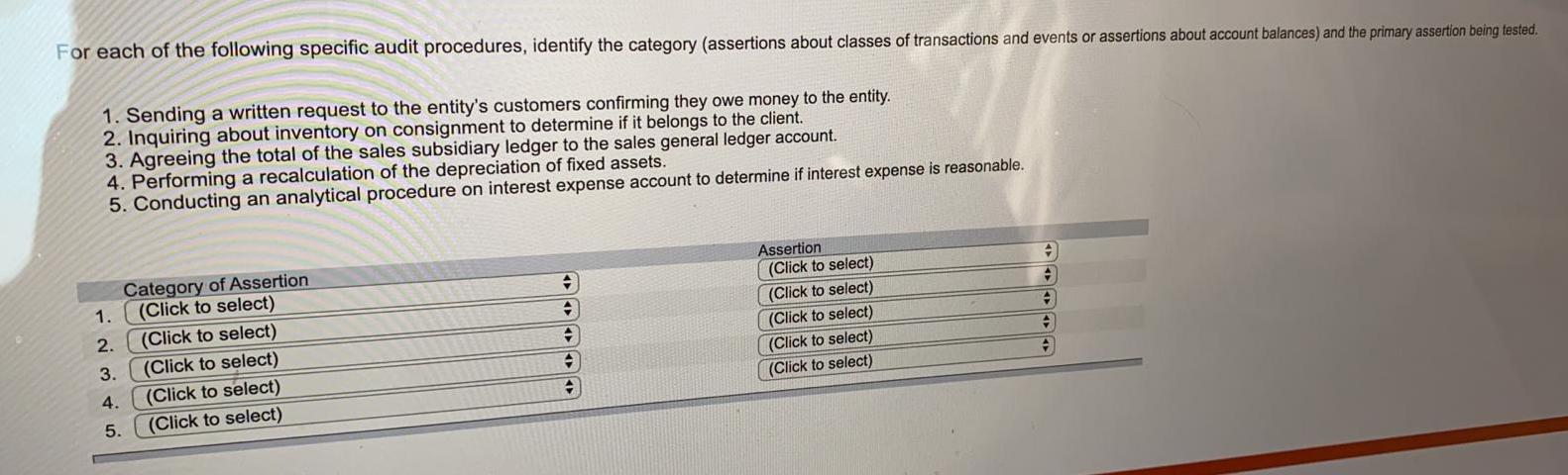 Solved For each of the following specific audit procedures, | Chegg.com