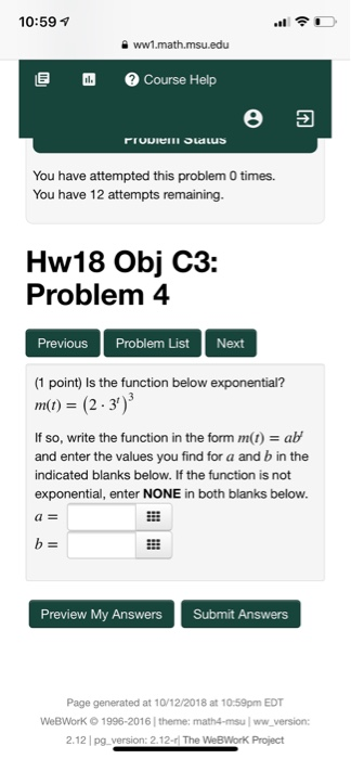 Solved 10:59 1 ww1.math.msu.edu 旦 m @Course Help Hw18 Obj | Chegg.com
