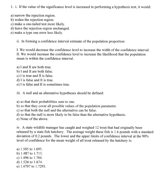 Solved 1. i. If the value of the significance level is | Chegg.com