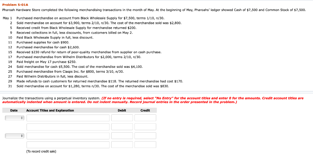 Solved Prablem 5-01A Pharoah Hardware Store completed the | Chegg.com