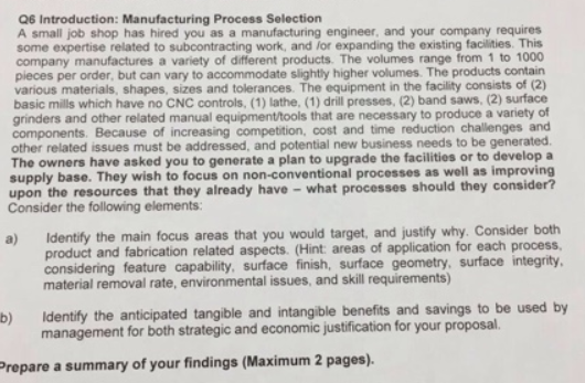 Solved Q6 Introduction: Manufacturing Process Selection A | Chegg.com