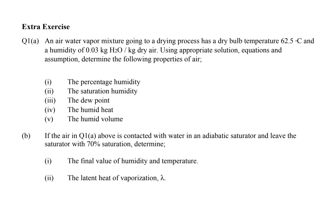 Solved Extra Exercise Ql(a) An air water vapor mixture going | Chegg.com