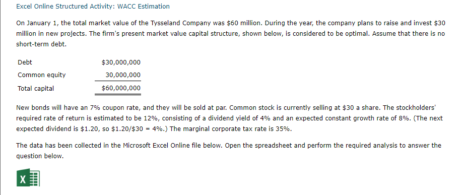 Solved Excel Online Structured Activity: WACC Estimation On | Chegg.com
