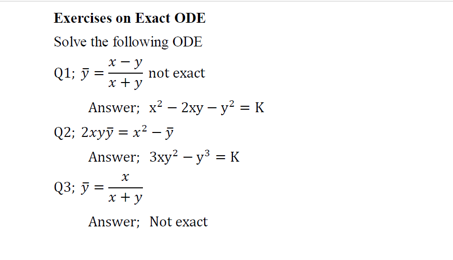 Solved Exercises on Exact ODE Solve the following ODE x - y | Chegg.com