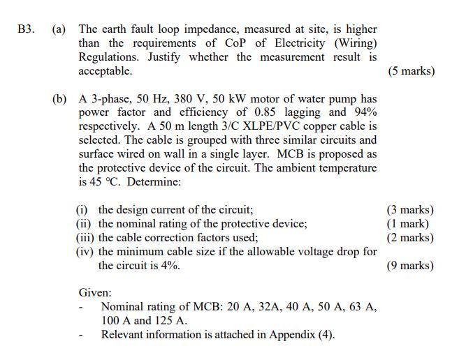 Solved B3. (a) The earth fault loop impedance, measured at | Chegg.com