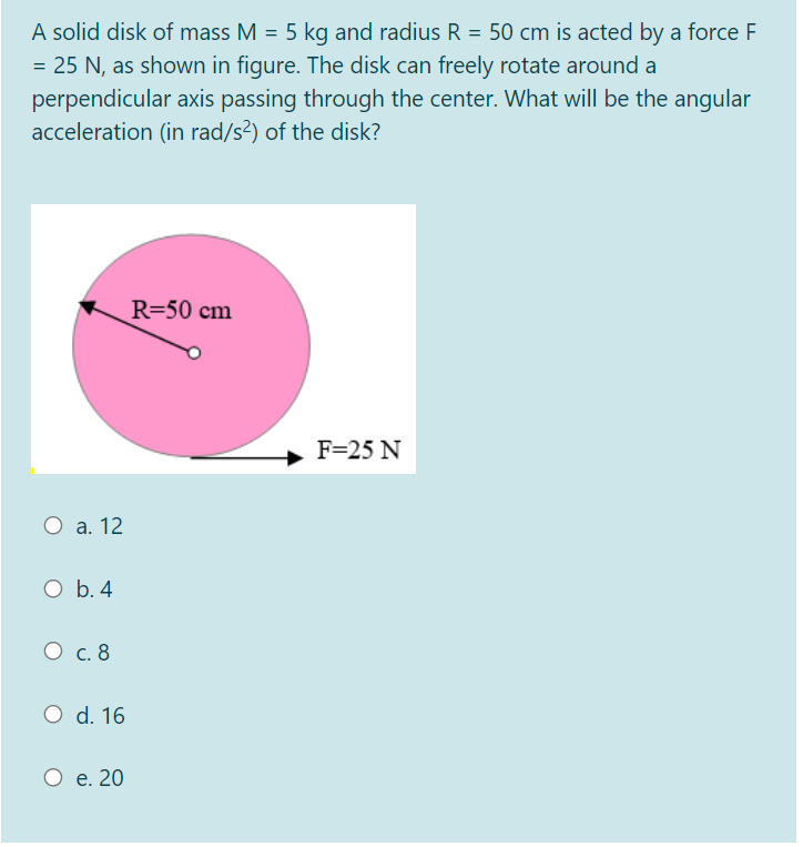 Solved A solid disk of mass M = 5 kg and radius R = 50 cm is | Chegg.com