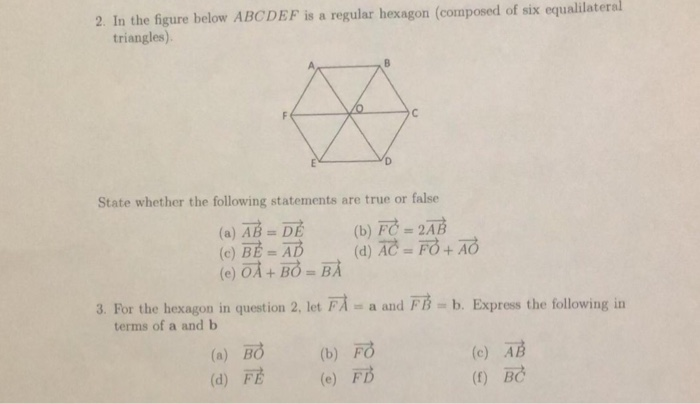 Solved 2. In the figure below ABCDEF is a regular hexagon | Chegg.com